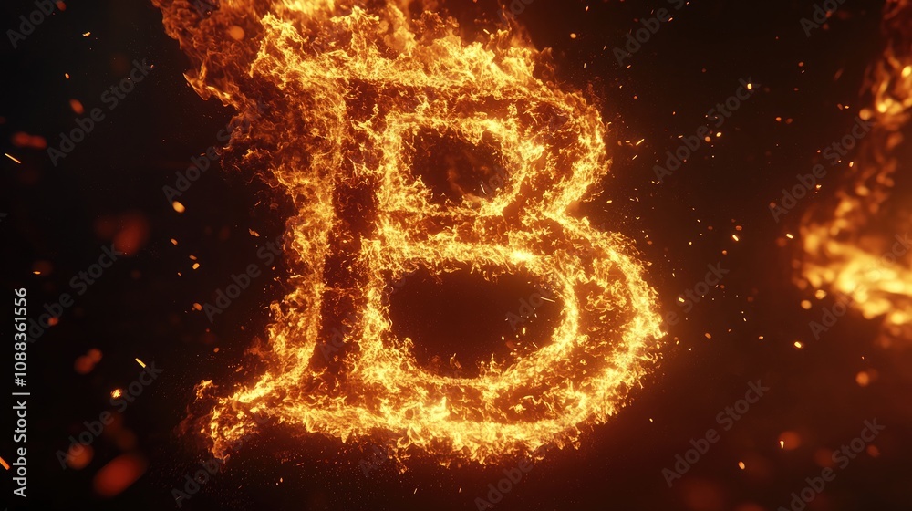 Flaming letter B illuminated by vibrant flames with glowing embers ...