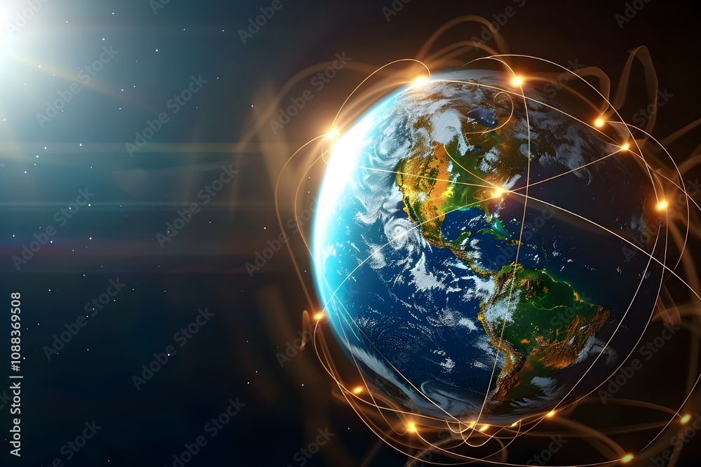 Connection lines encircling the Earth globe, with a thematic background ...
