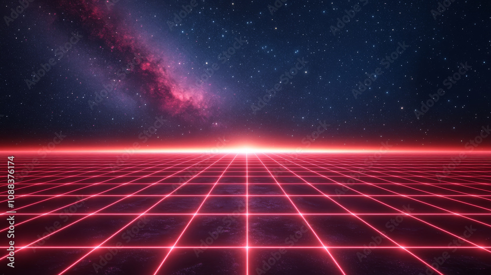 A red laser grid slopes down against a starry night sky. A bright ...