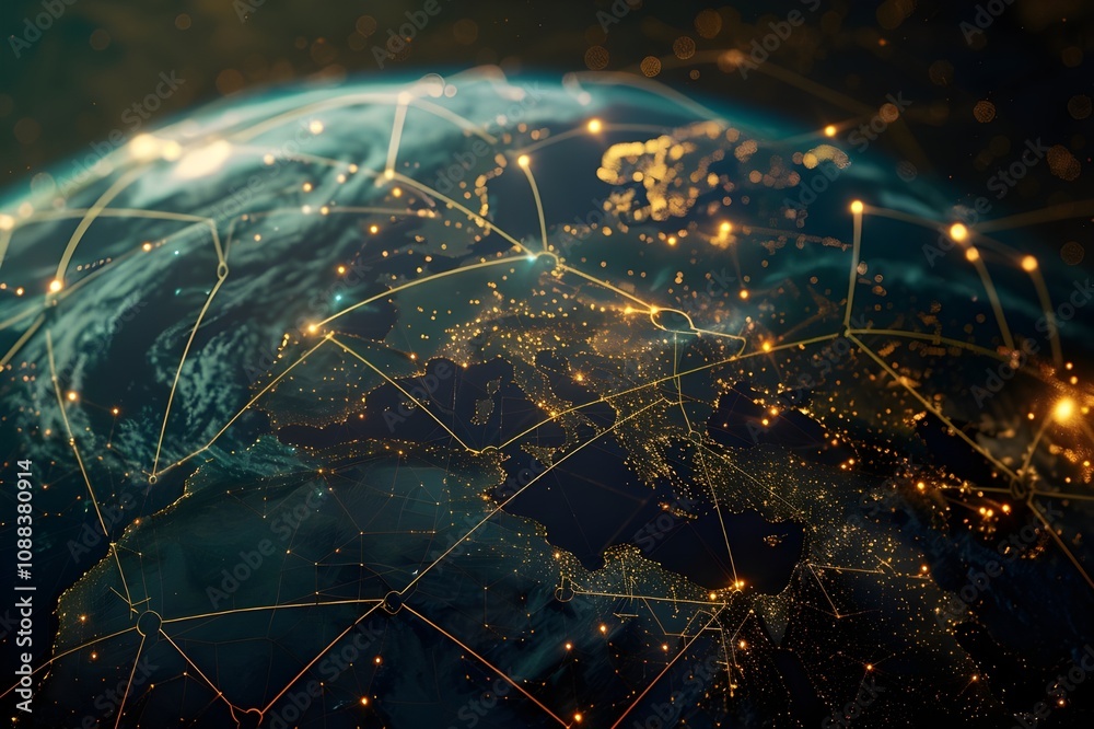 Detailed image of planet Earth with a complex network of digital ...