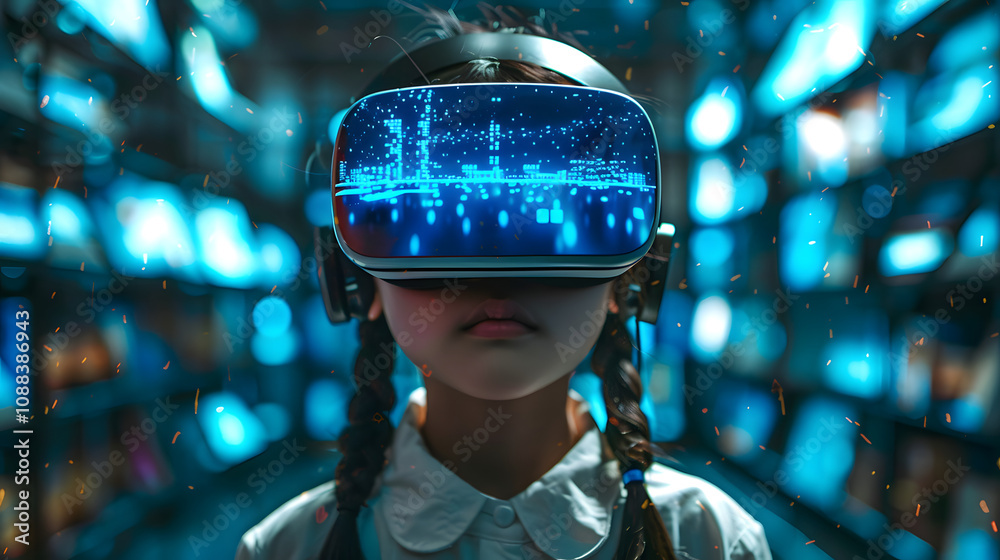 School student with VR headset using AI artificial intelligence ...