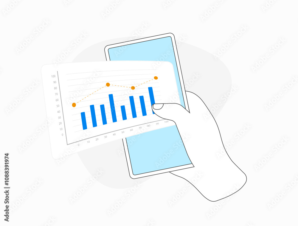 Mobile data analytics vector illustration showing hand holding ...