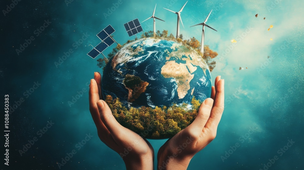 Hand holding a globe full of wind turbines, solar cells, clean energy ...
