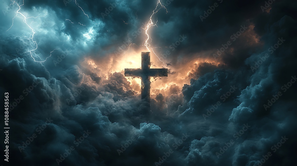 Christian cross intertwined with dark storm clouds, a flash of ...