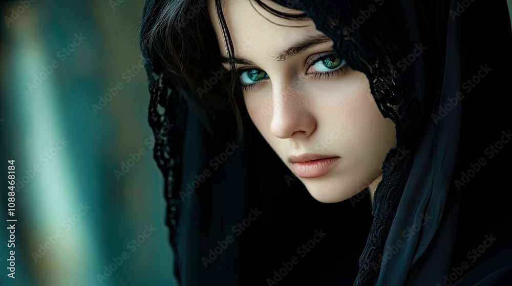 Sad young woman dressed in a black mourning attire, conveying deep ...