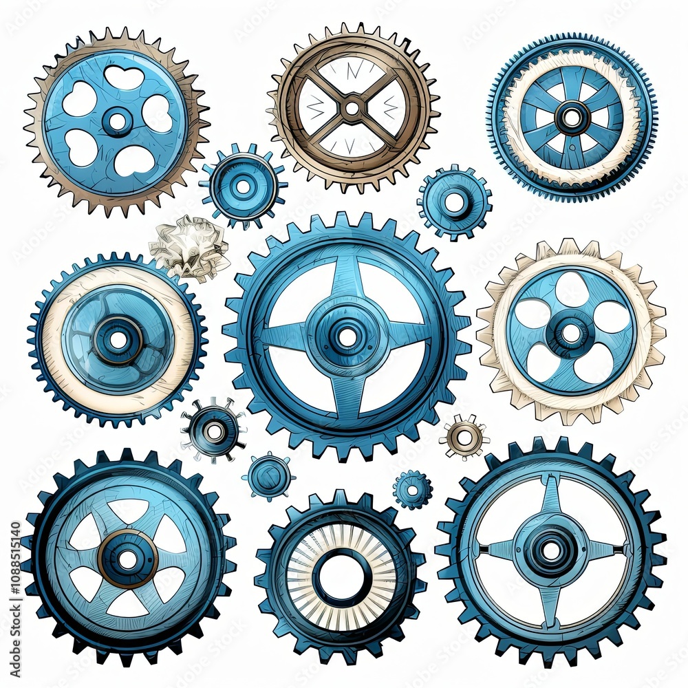 Set of Victorian-Era Gears and Cogs in steampunk style, in black, white ...