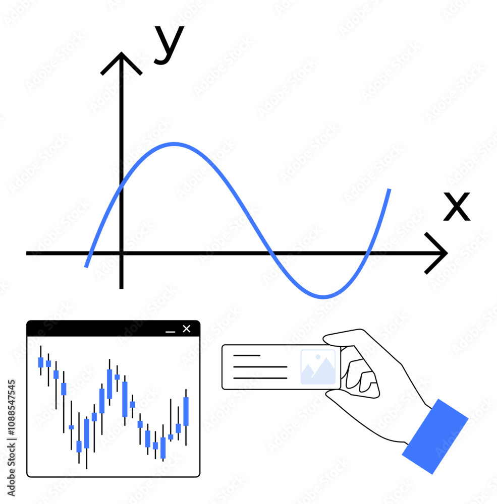 Hand holding ID card next to a graph with sine wave on Cartesian plane ... Hand holding ID card next to a graph with sine wave on Cartesian plane ...