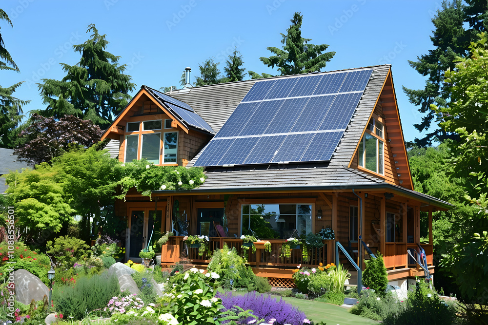 Green energy-efficient home with solar panels, energy rating labels ...