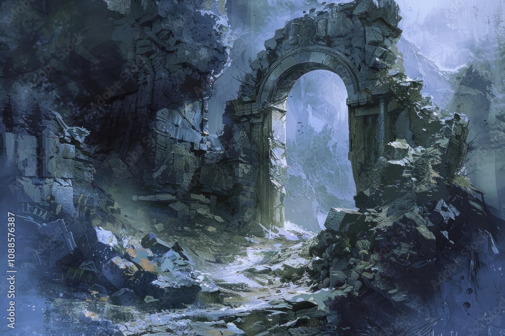 Concept art of a fantasy dungeon entrance, Mystical Forgotten Hall of a ...