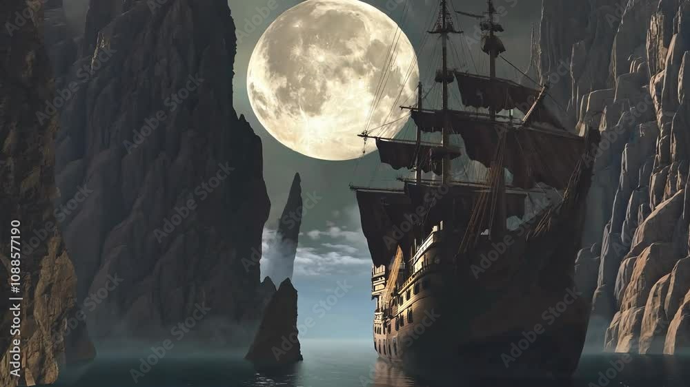 A historic sailing ship navigates between towering cliffs under a large ...