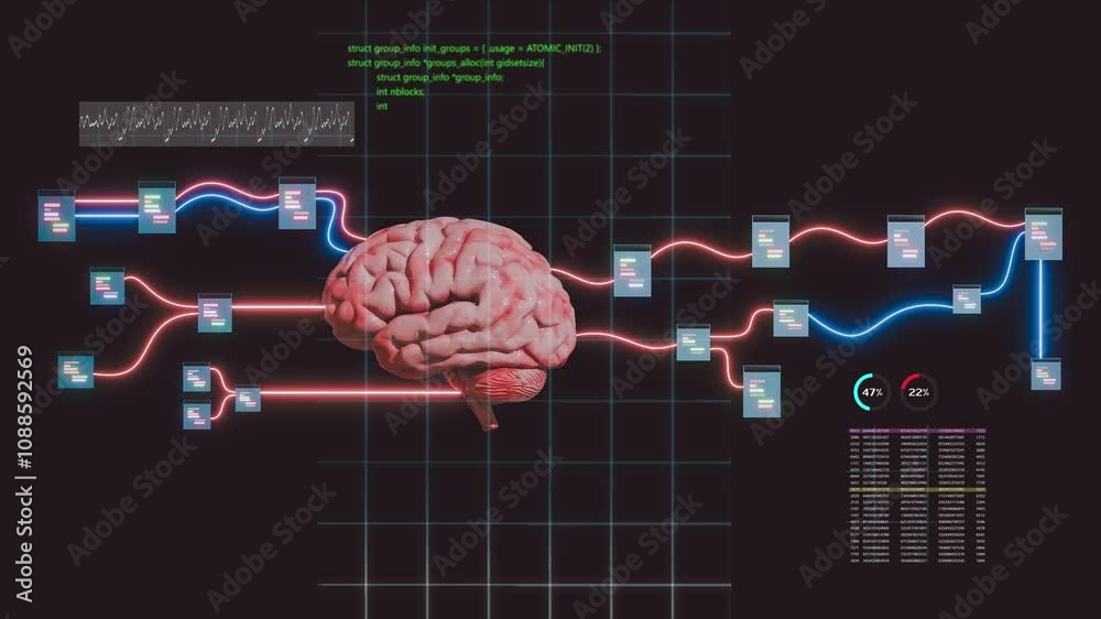Concept of human brain connected to nodes through glowing neon paths ...