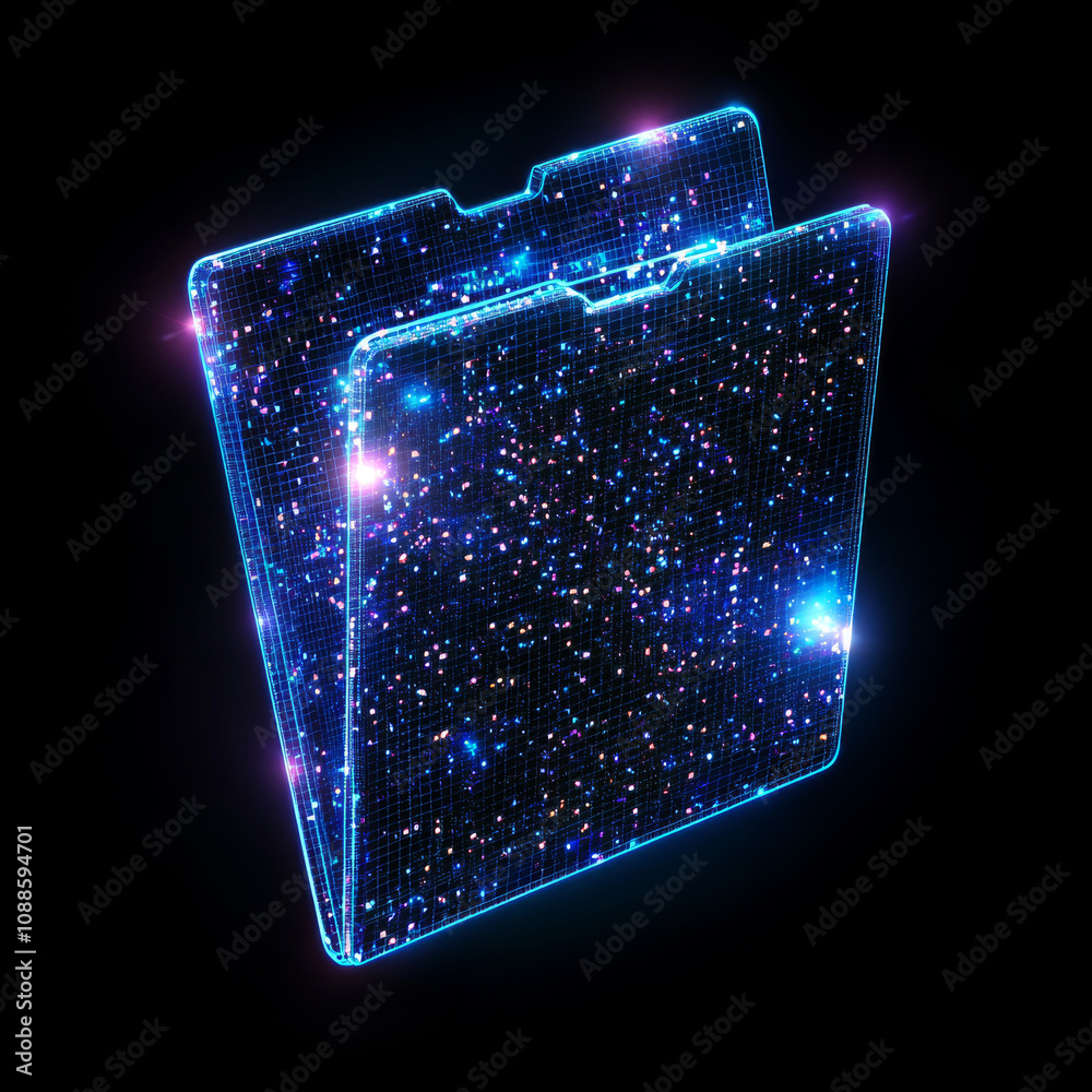 A glowing mesh icon of a category folder tree, featuring a glitter ...