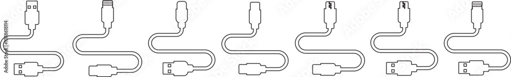 USB cable port icon set. USB type C A lightning and micro usb mobile ...