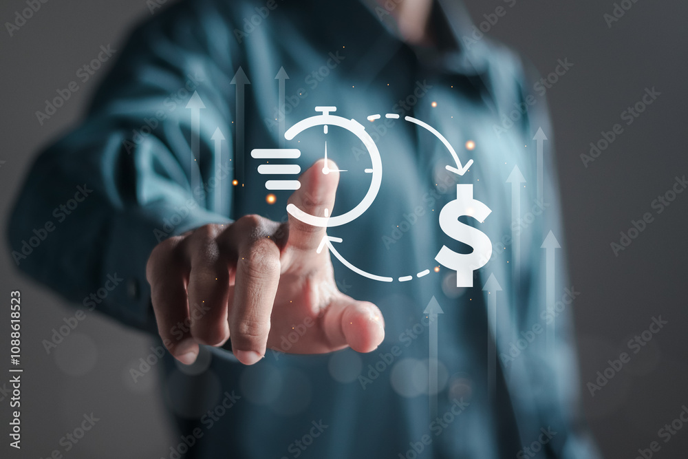 Financial concept, businessman touching clock and money icon on interface virtual for business ...