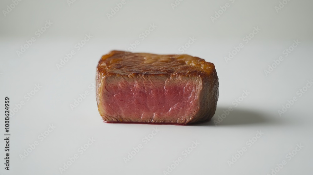 On a plain white backdrop, a single steak is showcased, its crispy ...