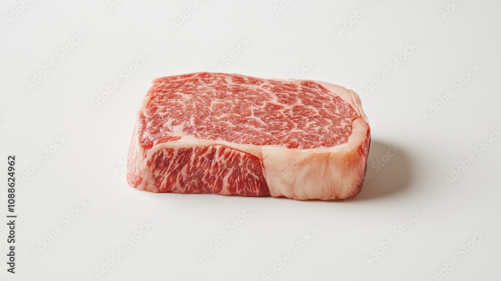 On a plain white backdrop, a single steak is showcased, its crispy ...