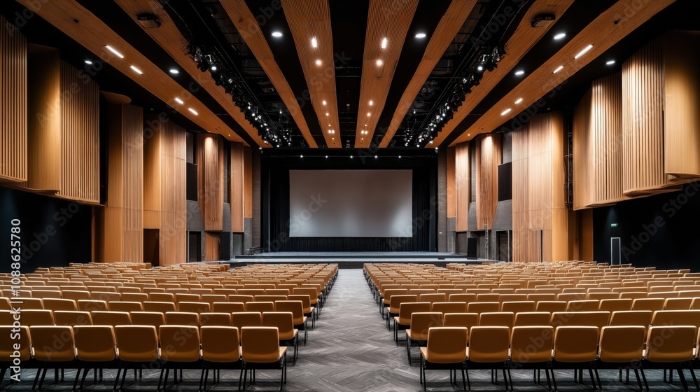Modern auditorium with rows of empty seats facing a large stage and ...