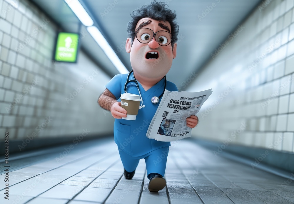 Cartoon doctor in blue scrubs hurriedly walks down a subway corridor ...