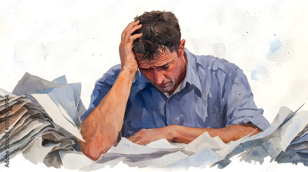 Watercolor Illustration of a Man Experiencing Financial Distress ...