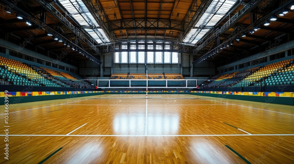 Big empty volleyball court before upcoming game, stretched net at ...