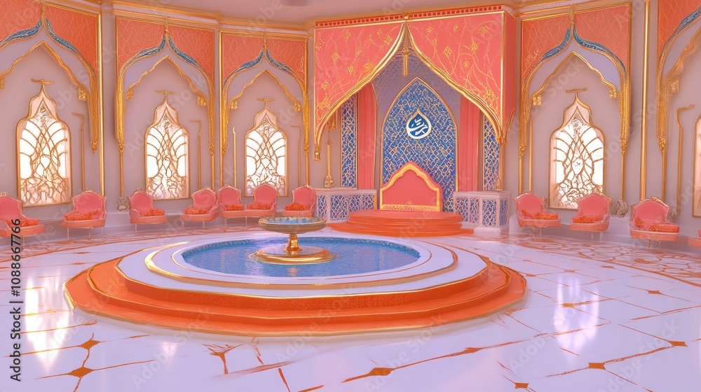 A grand, circular room with ornate arches, windows, and a throne ...