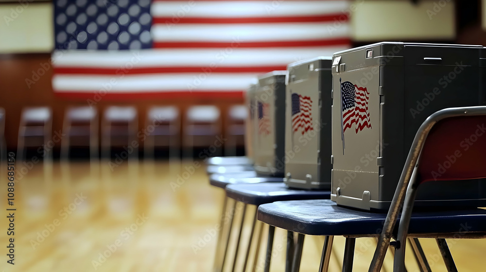 A Row of Ballot Boxes with American Flags Sit on Chairs in a Room with ...