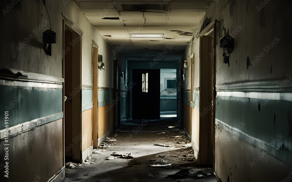 Creepy, abandoned hospital hallway with peeling paint, flickering ...