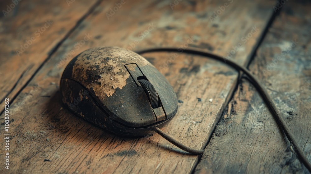 A worn-out computer mouse with a trackball resting on a rustic wooden ...