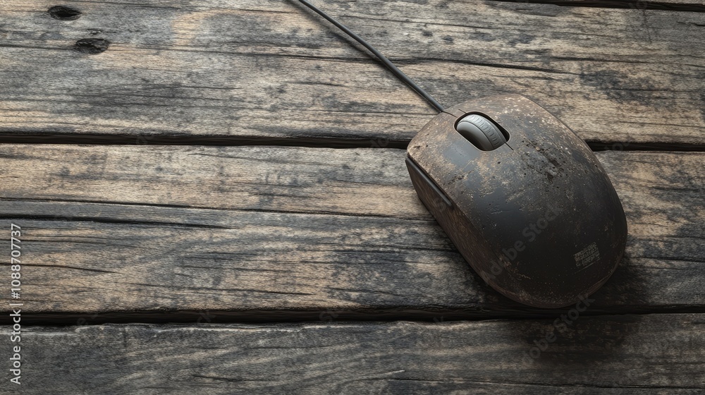 An aged computer mouse with a trackball sitting on a rough wooden floor ...