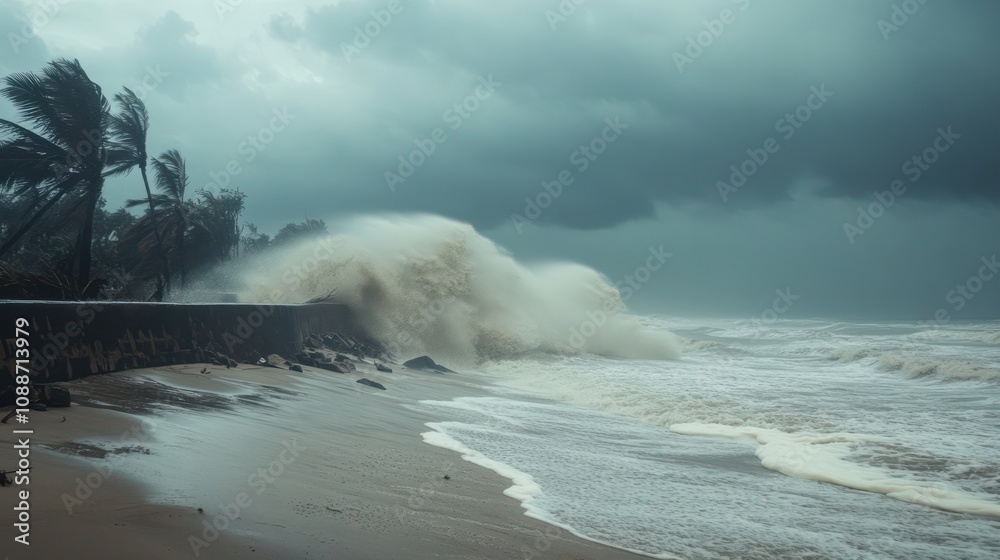 Cyclone impact on the coast, with large waves crashing into seawalls ...