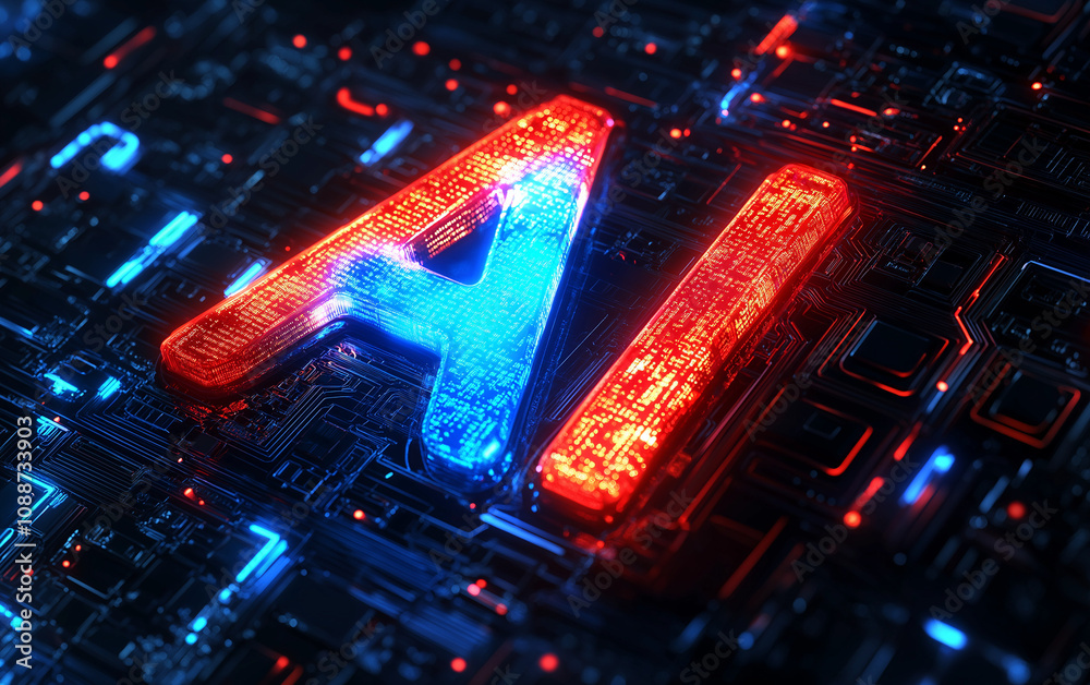 Futuristic Glowing AI Logo in Red and Blue on a High-Tech Circuit Board ...