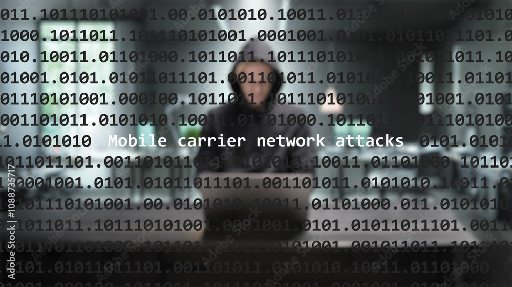 Cyber attack mobile carrier network attacks text in foreground screen, anonymous hacker hidden ...