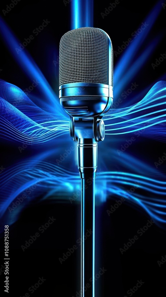Microphone with blue sound waves glowing against a black background ...