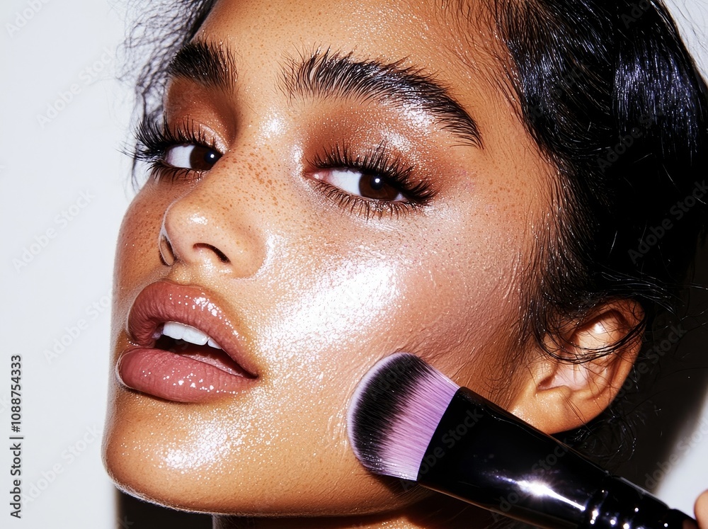 A young Asian woman using a brush to apply makeup, Professionally ...
