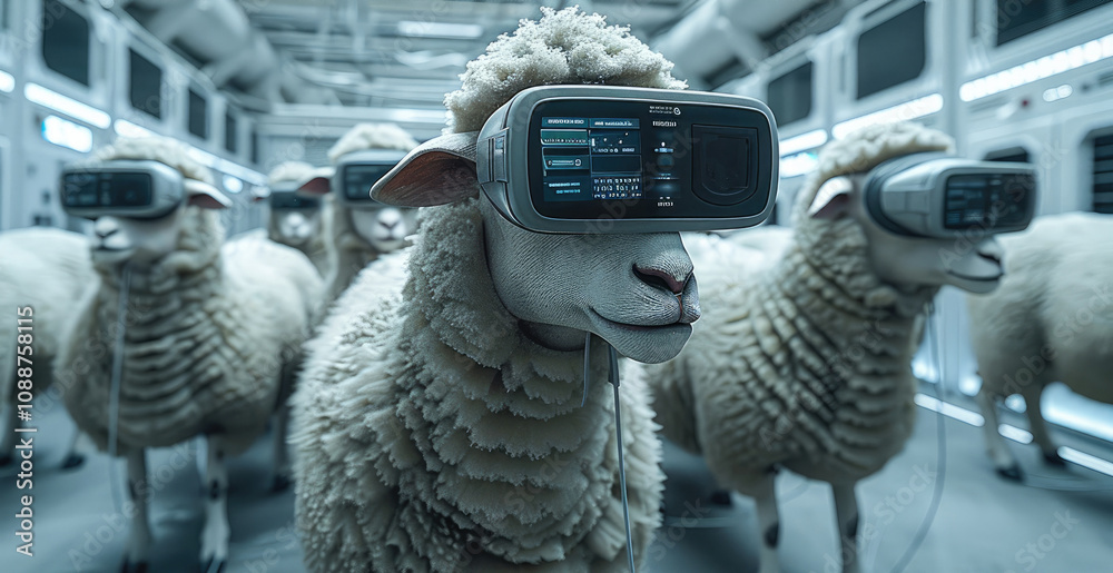 In a futuristic indoor scene, with a group of sheep wearing VR glasses ...