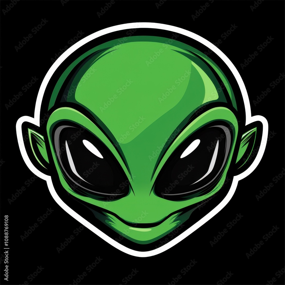 Logo of an alien, green color on a black background, sticker style ...