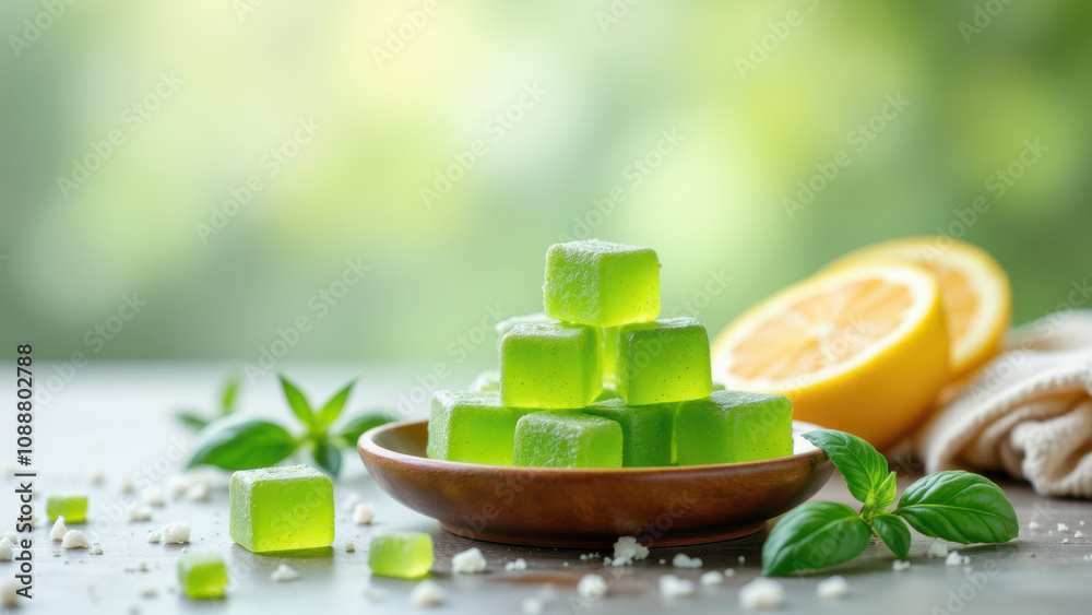 Green edible gummy cubes made from spirulina and chlorella, ready to ...