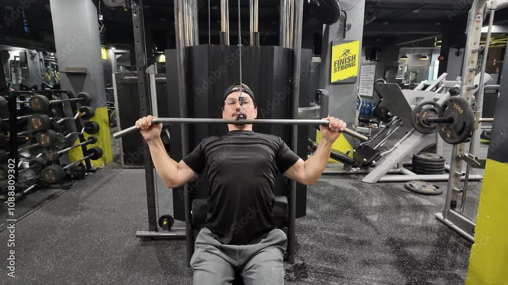 Moving Top View of Handsome Man Performing Front Lat Pulldown on Gym ...