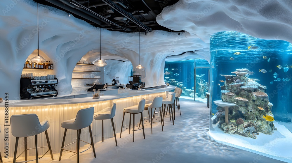 An underwater-themed coffee bar, with aquariums forming the walls and ...