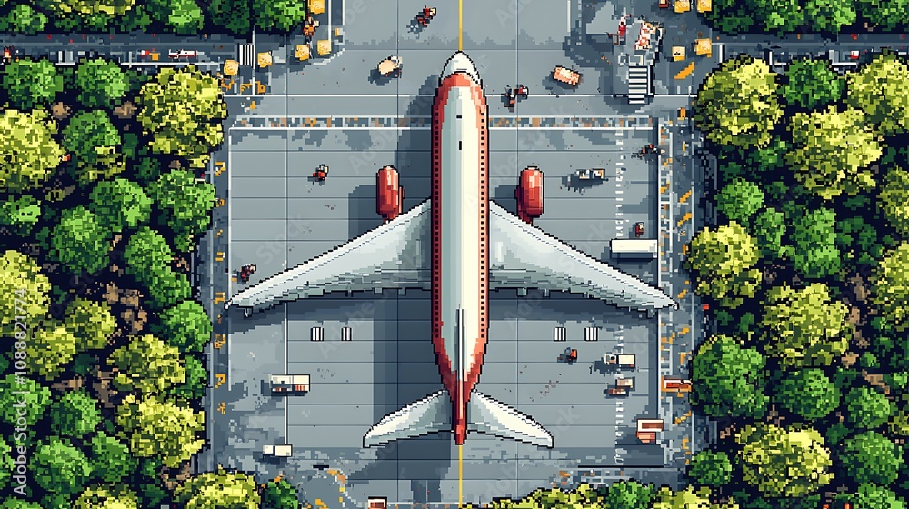 Pixel Art Airplane on Airport Runway Surrounded by Lush Greenery. A ...
