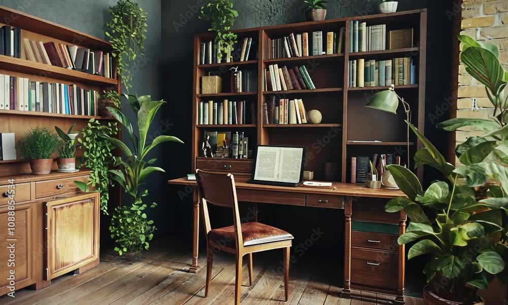 interior of a modern office, wooden bookshelf, books, bookcase, a ...