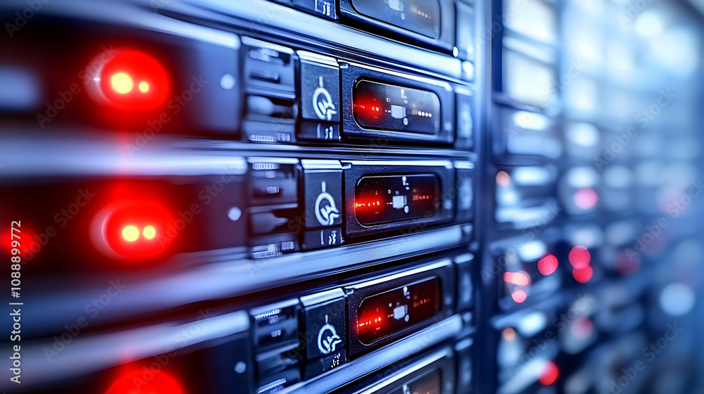 Close-up View of a Server Rack with Red Indicator Lights, Showing Busy ...