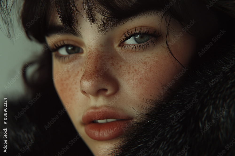 Close-up portrait of an Irish girl with freckles and dark hair, wearing ...