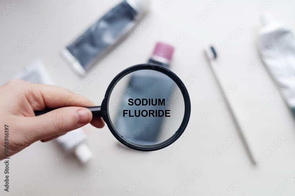 Sodium fluoride in natural toothpaste. Magnifying glass is directed at ...