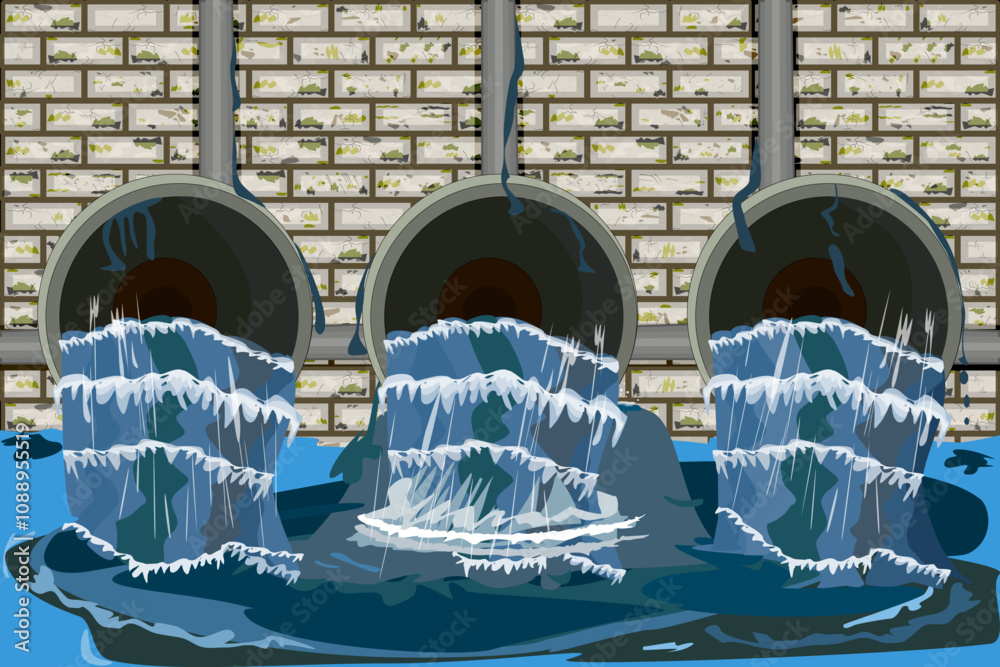 Wastewater,dirty water and pipe on brick wall background.Sewer system ...