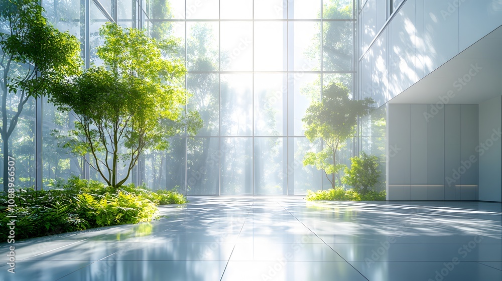 Modern glass office building featuring sunlit atrium with indoor trees ...