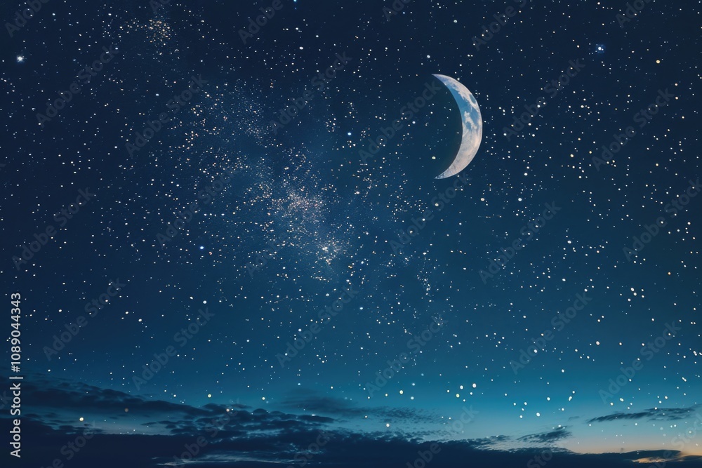 Crescent moon graces the night sky, adorned with countless twinkling ...