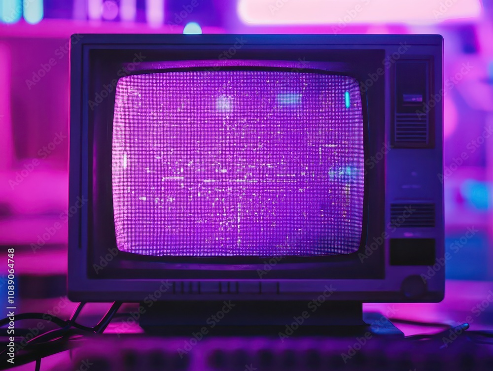 retro wave 80s style on vintage computer screen, displaying vibrant ...