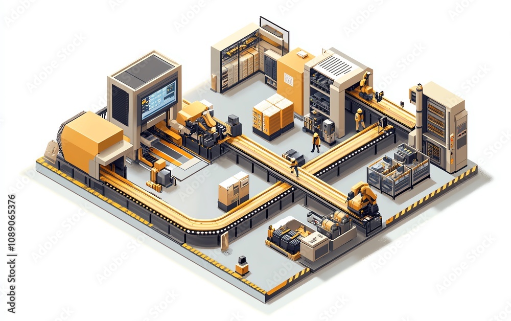Vector art of a factory in isometric view, mechanized conveyor ...