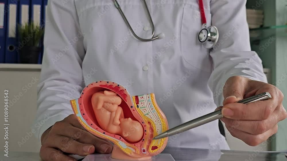 Gynecologist puts fetus into womb pointing pen to details. Doctor shows ...